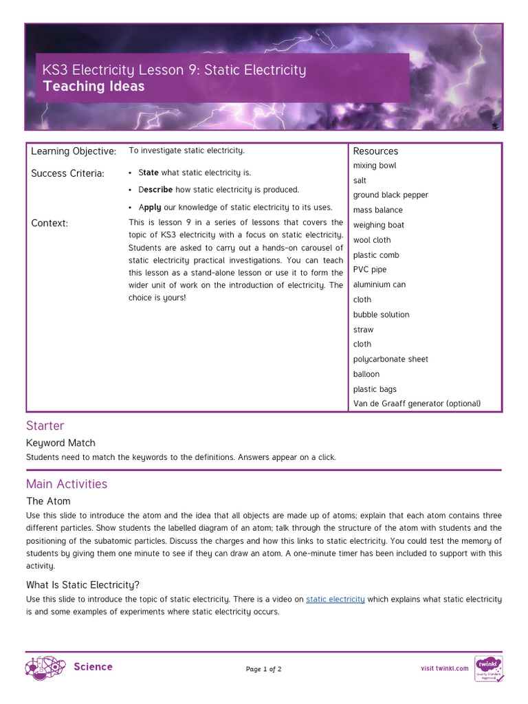 Static Electricity Teaching Ideas | PDF | Electricity | Learning