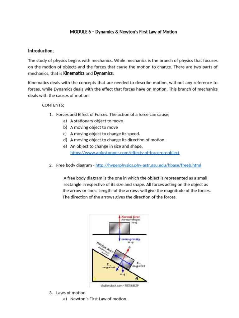 Module 6 Dynamics Newtons First Law of Motion | PDF