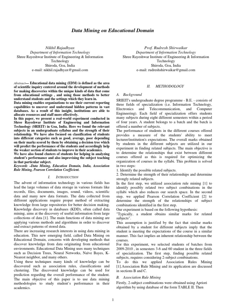 Data Mining On Educational Domain: Nikhil Rajadhyax Prof. Rudresh Shirwaikar | PDF | Correlation ...
