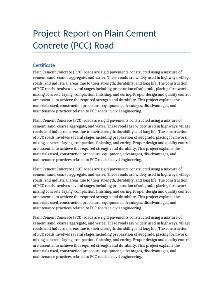 PCC Road Civil Engineering Project 65 Pages | PDF