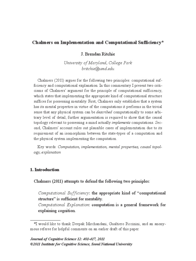 Chalmers On Implementation and Computational Sufficiency : J. Brendan ...