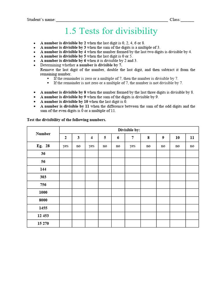 1.5 Tests For Divisibility: Student's Name: - Class | PDF | Number ...