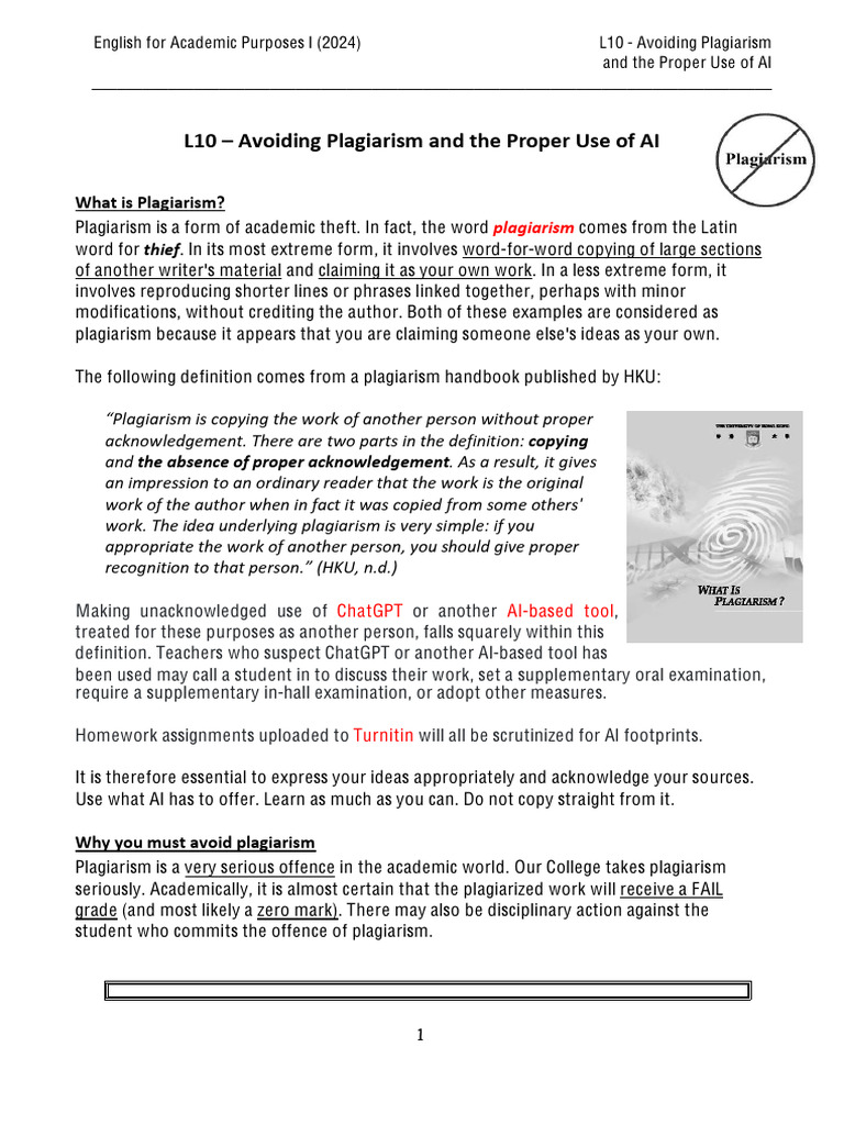 L10 Avoiding Plagiarism and The Proper Use of AI (2024) | PDF ...