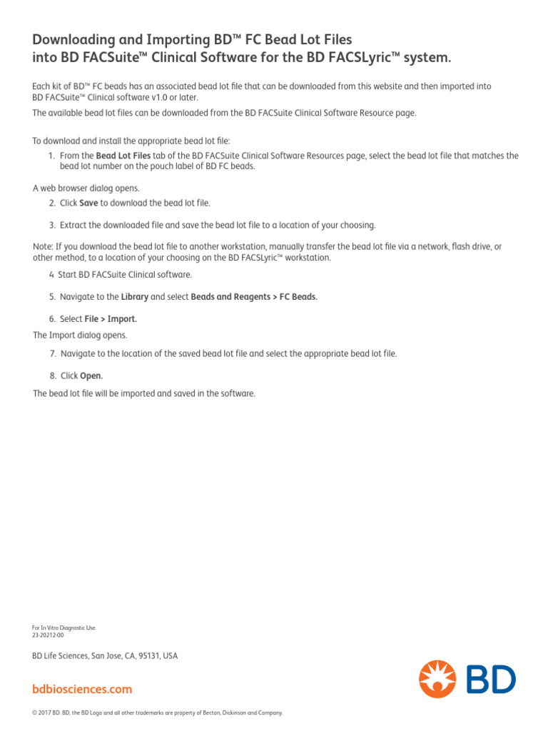 BD FACSuite Clinical FACSLyric FC Bead Lot Installation Instructions | PDF