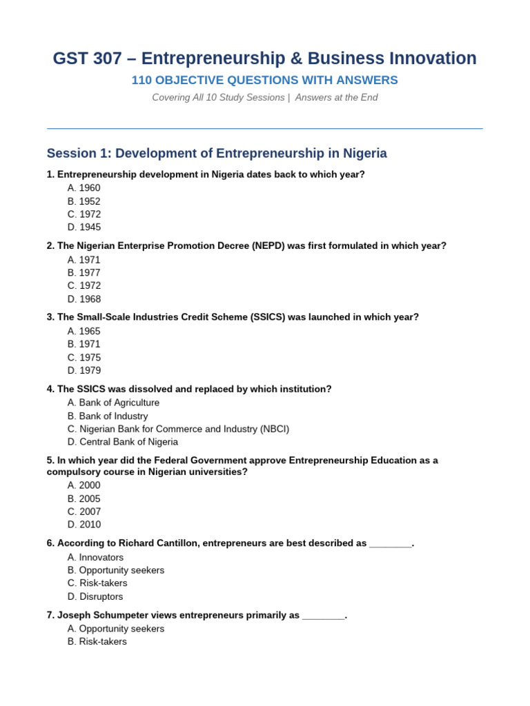 GST307 Objective Questions | PDF | Entrepreneurship | Marketing