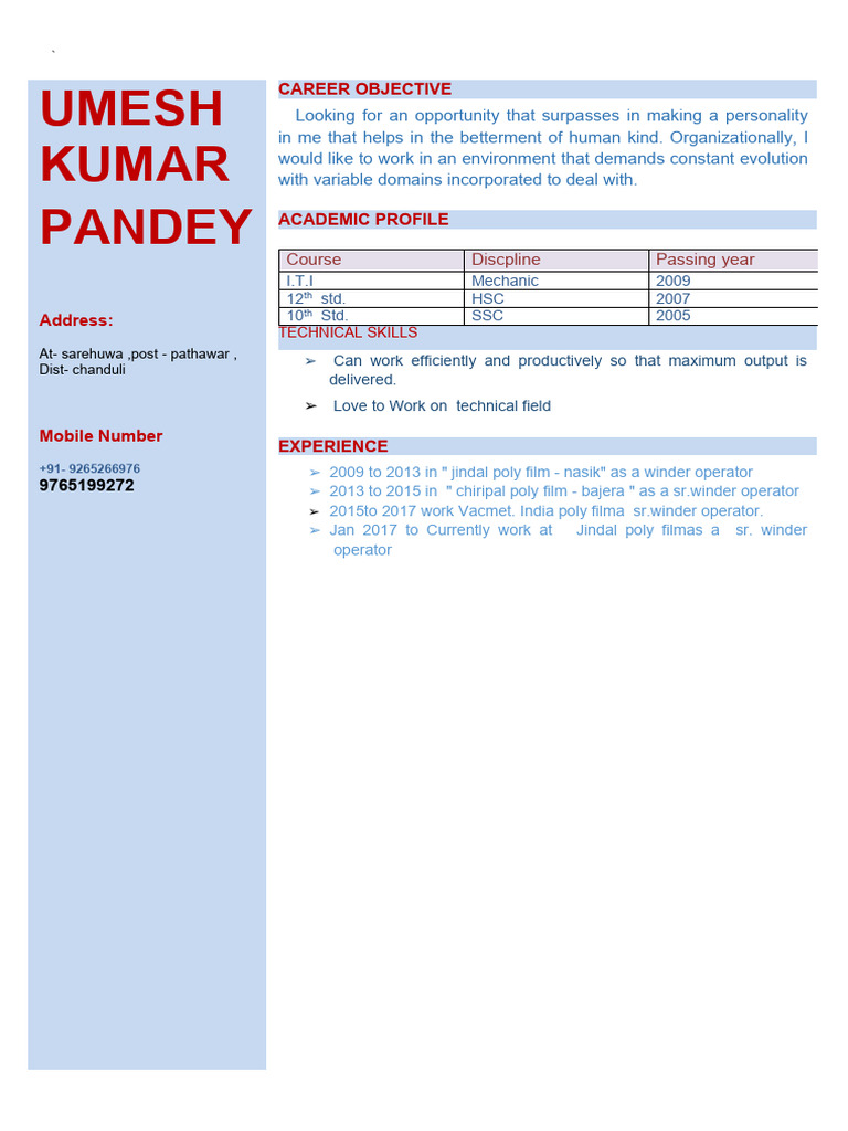Resume Umesh Pandey | PDF | Cognition