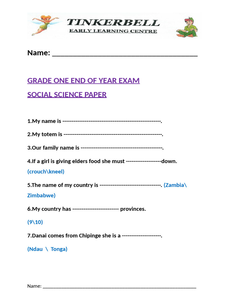 Grade 1 Social Science End of Year Test | PDF