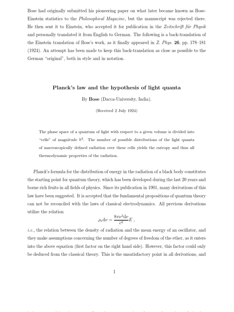 Bose-Einstein Statistics Paper Translation | PDF | Photon | Quantum