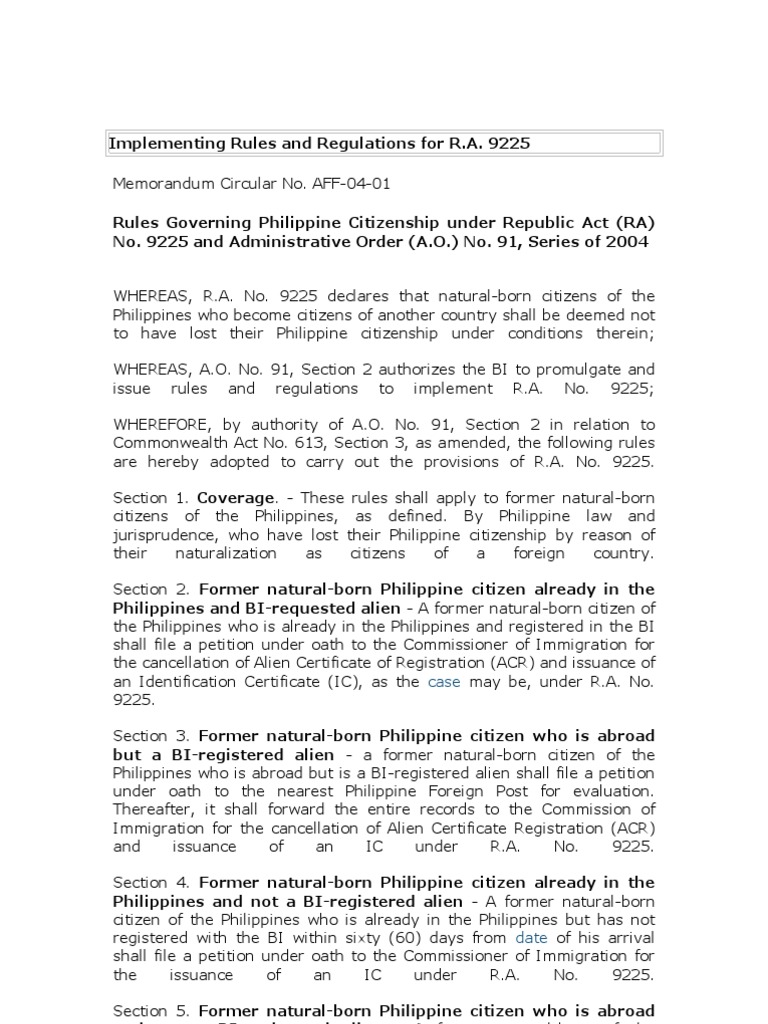 Implementing Rules for R.A. 9225 | PDF | Oath Of Office | Citizenship