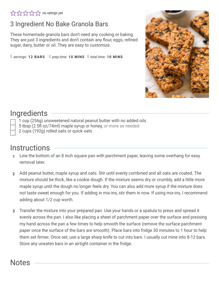 3 Ingredient No Bake Granola Bars - Kirbie's Cravings | PDF | Nutrition ...