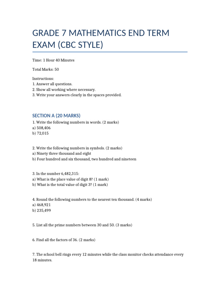 Grade 7 Mathematics End Term Exam CBC | PDF