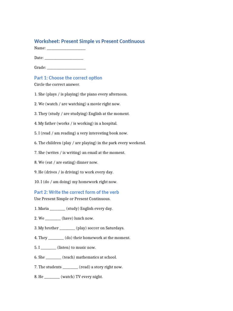 Present Simple Vs Present Continuous Worksheet | PDF