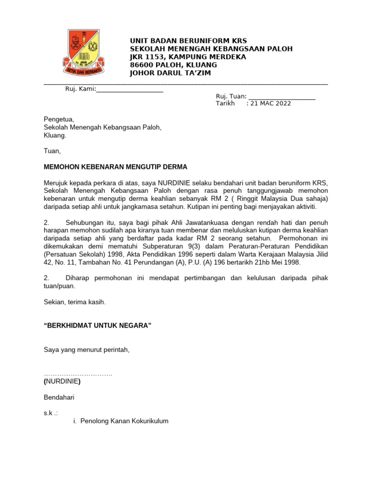 Surat Permohonan Mengutip Derma Keahlian Krs | PDF