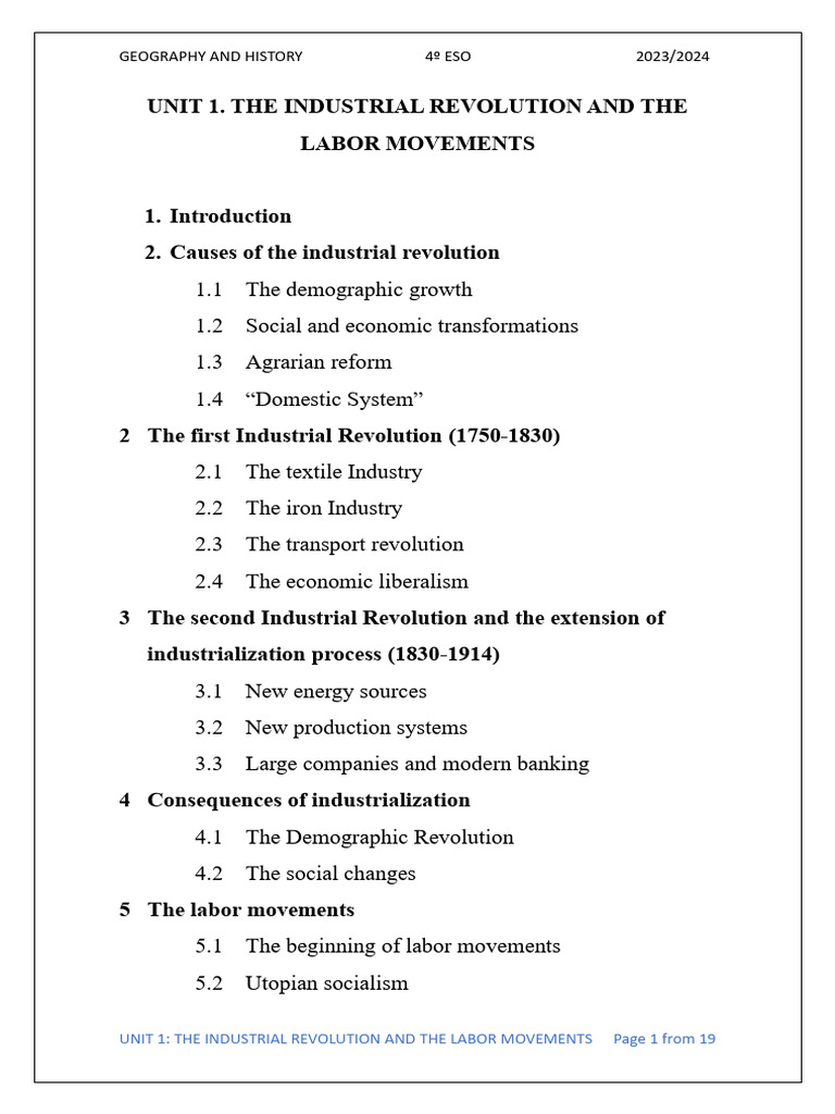 Unit 1 - The Industrial Revolution and The Labor Movement | PDF ...