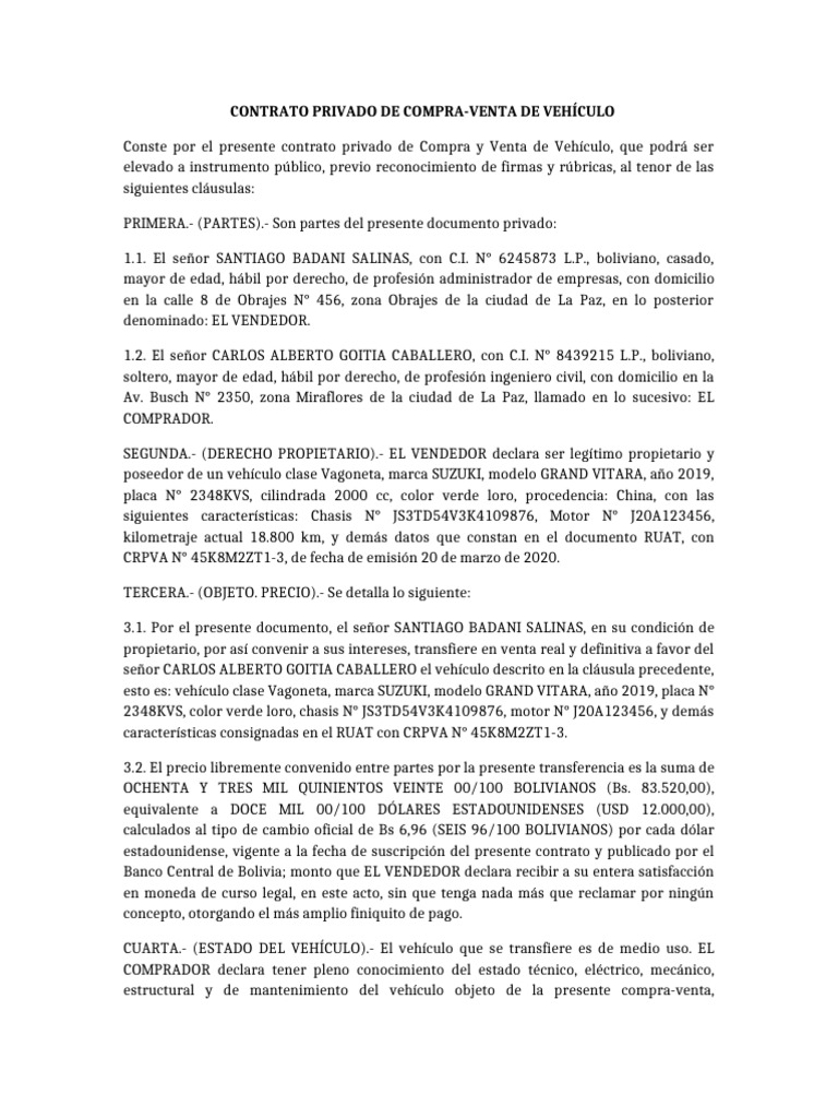 Contrato Compra Venta Vehiculo Badani Goitia | PDF | Dólar de los ...