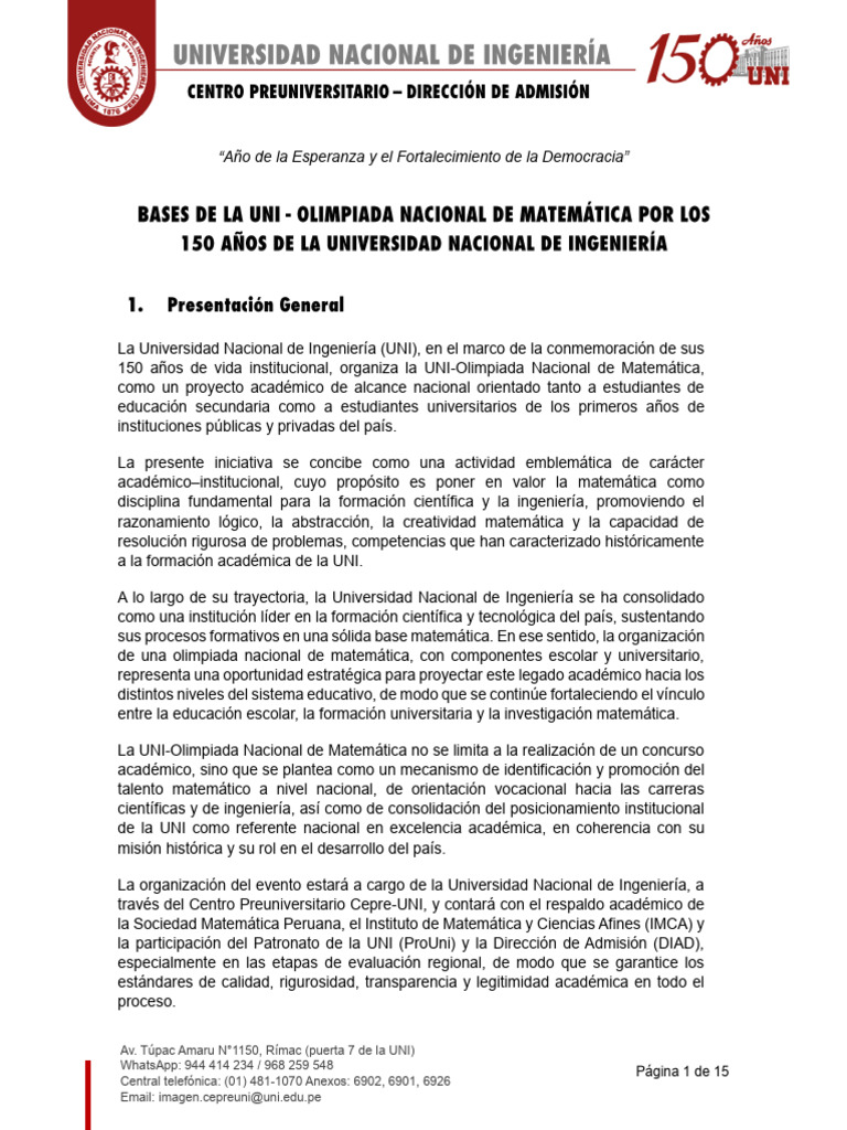 UNI-Olimpiada Nacional de Matemática | PDF | Perú | Universidad