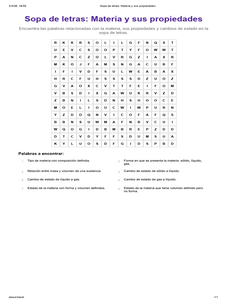 Sopa de Letras - Materia y Sus Propiedades | PDF | Química Física ...