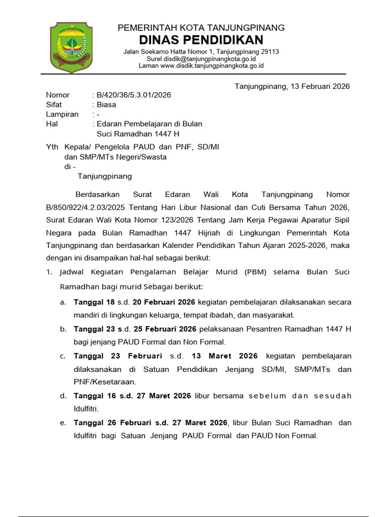 Surat Edaran Pembelajaran Bulan Ramadhan 1447 H. 2026 M | PDF