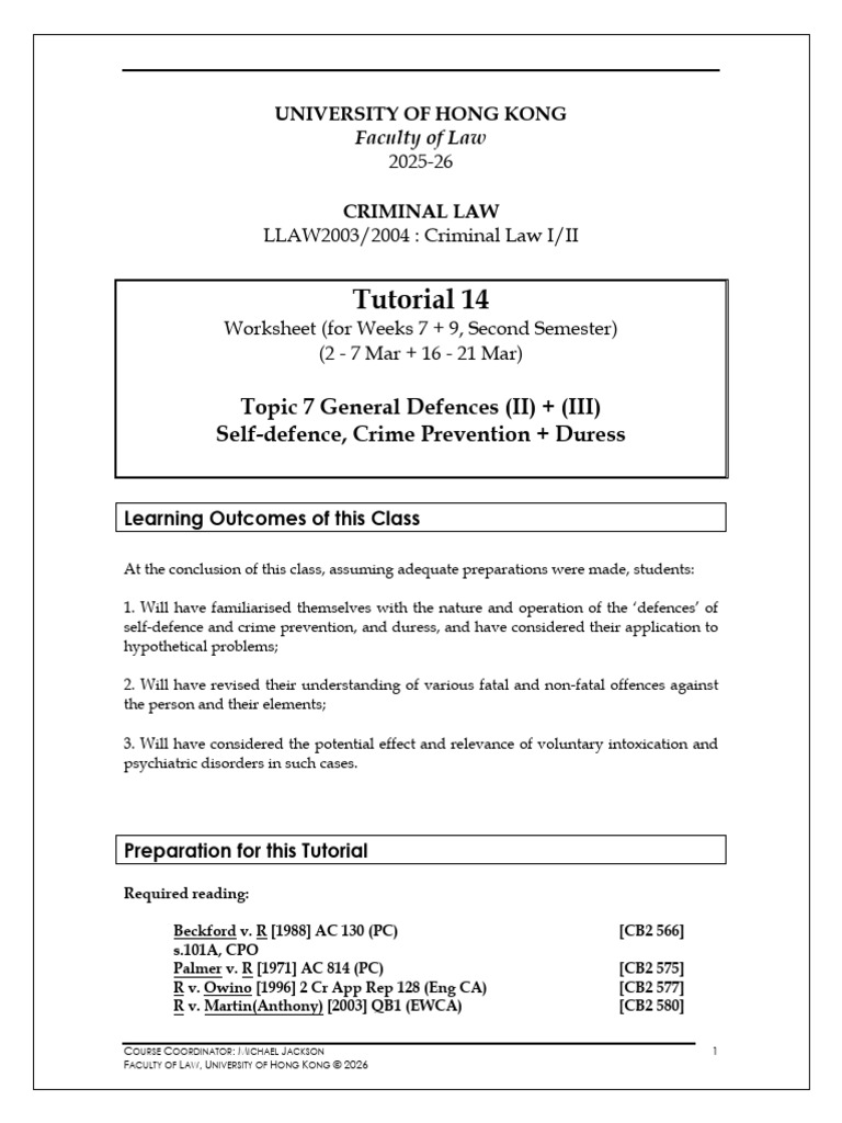 Tutorial 14 Worksheet - Self-Defence, Crime Prevention + Duress | PDF