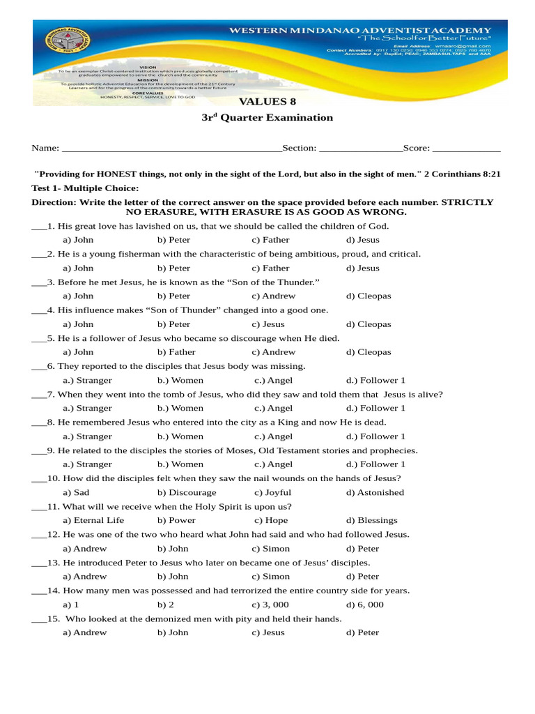 3rd Quarter Exam - For Merge | PDF | Jesus | Saint Peter