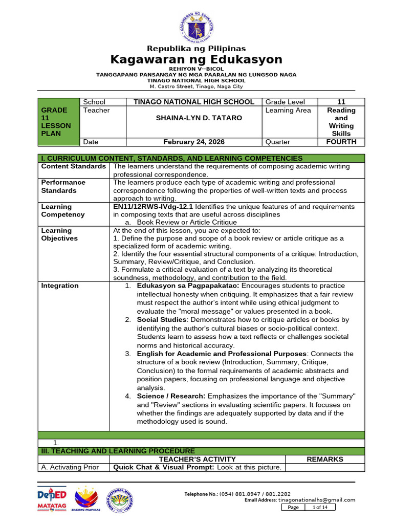 Detailed-Lesson-Plan - Eng11 - q4 - Book Review or Article Critique ...