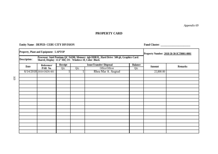 Appendix 69 Property Card | PDF