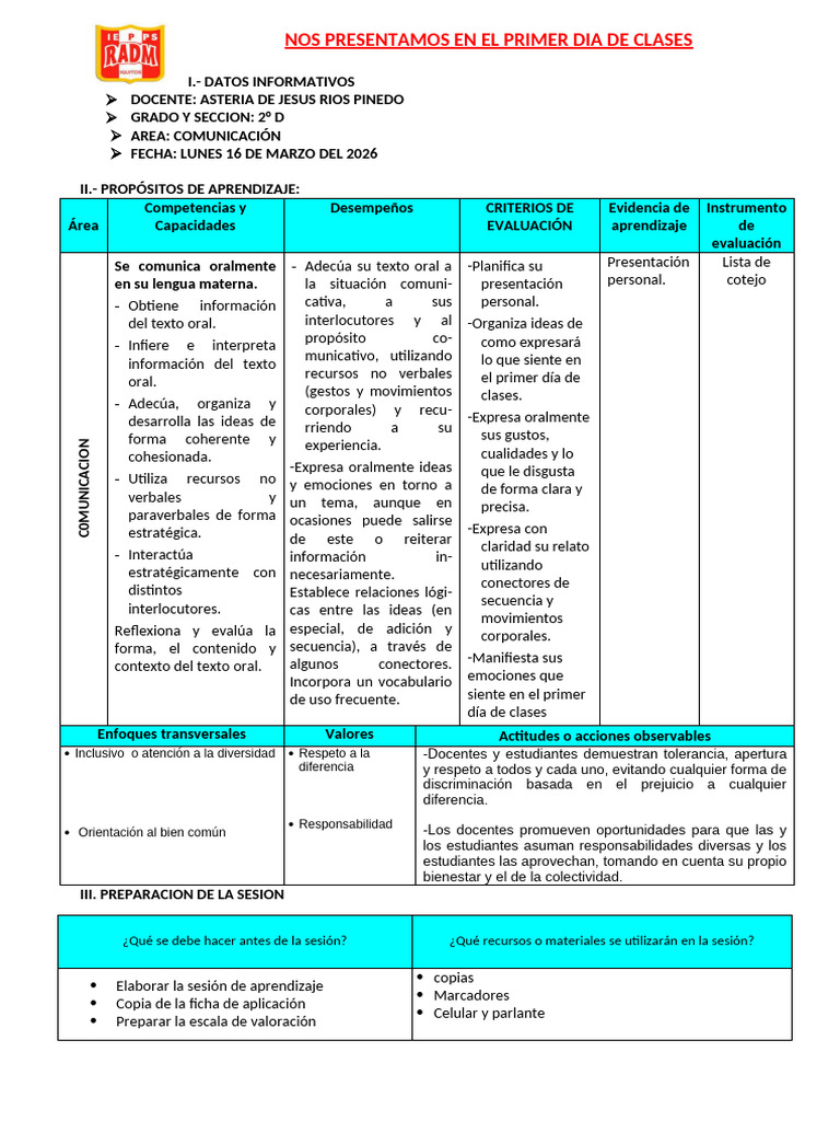 Nos Presentamos en El Primer Dia de Clases | PDF | Las emociones ...