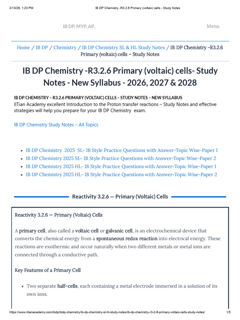 IB DP Chemistry - R3.2.6 Primary (Voltaic) Cells - Study Notes | PDF ...