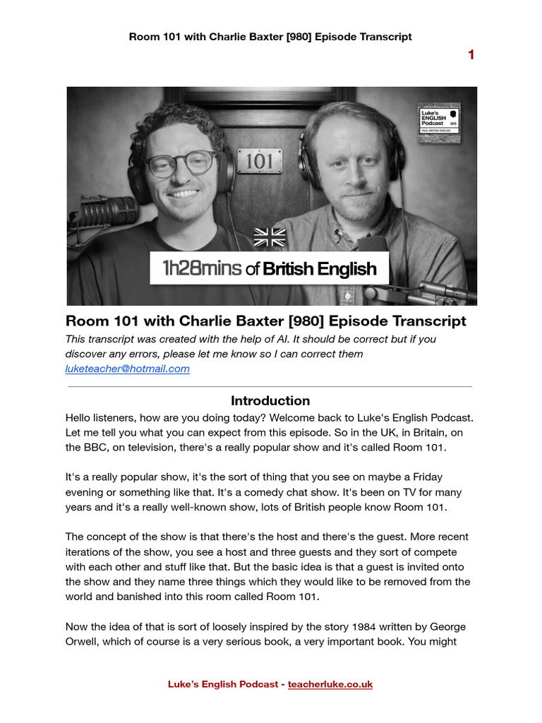 Room 101 With Charlie Baxter 980 Episode Transcript | PDF | Coffee | Drink