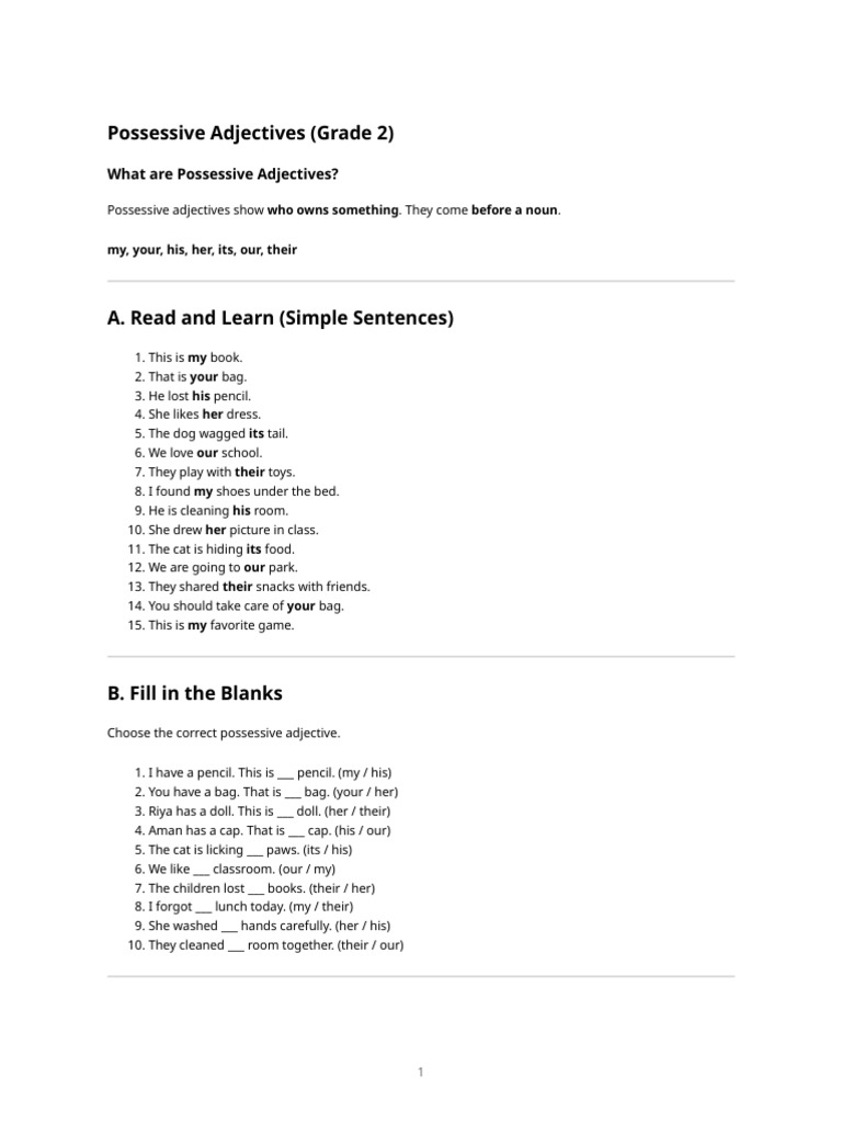 Possessive Adjectives - Grade 2 Worksheet | PDF