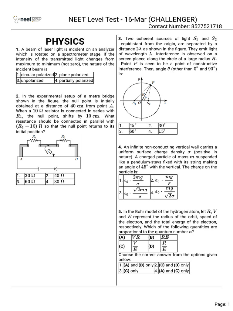 Neet Level Test 16 Mar Challenger | PDF | Inductor | Atomic Nucleus