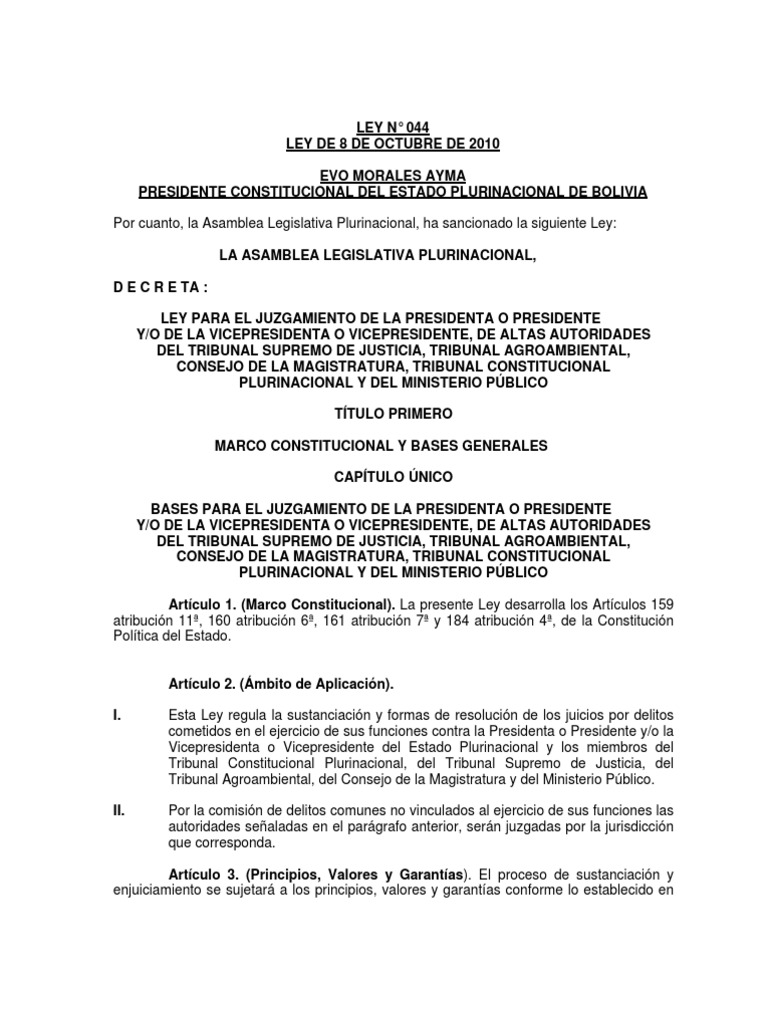 Ley 044 LEY PARA EL JUZGAMIENTO DE ALTOS FUNCIONARIOS DE BOLIVIA | PDF | Derecho penal ...