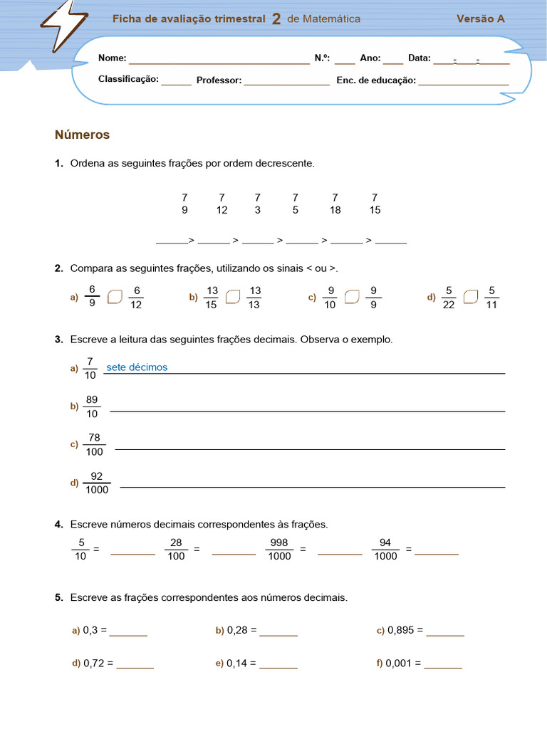 Material Ficha Trimestral Matemática 2º Período - CENTRO | PDF | Matemática