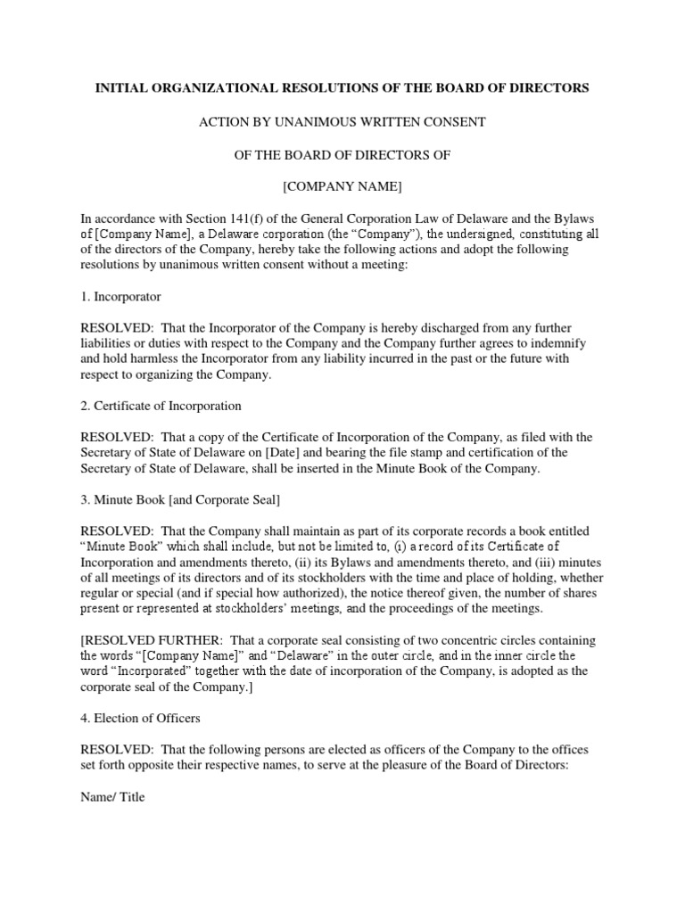 Initial Organizational Resolutions of The Board of Directors For ...