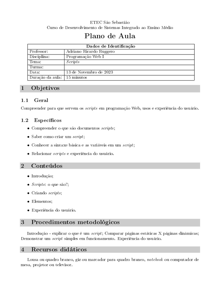 Plano de Aula - Script | PDF