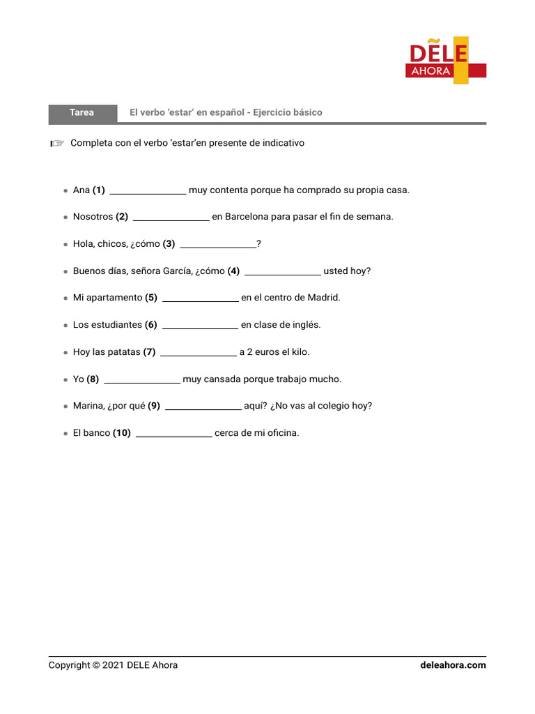 El Verbo Estar en Espanol Ejercicio Basico | PDF