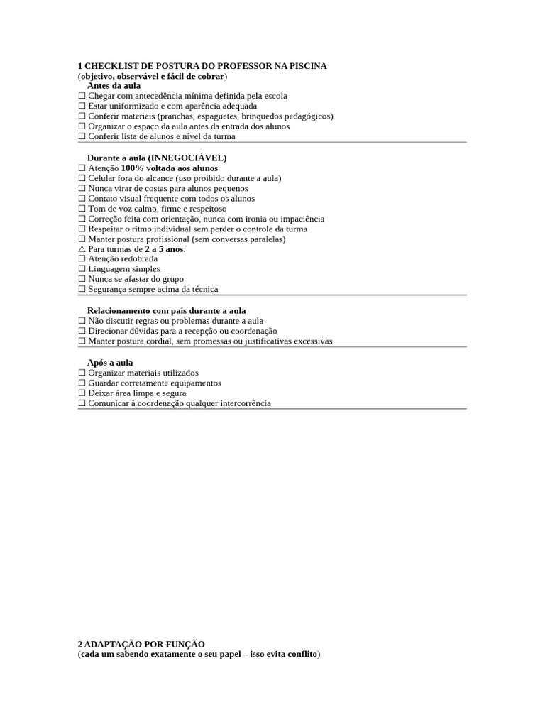 1 Checklist de Postura Do Professor Na Piscina | PDF
