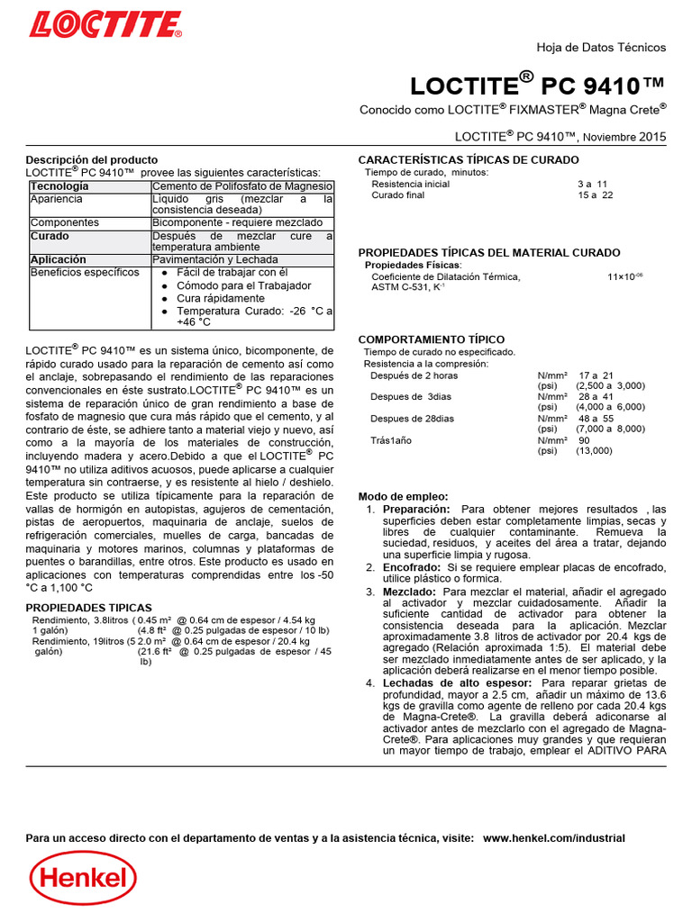 Loctite Pc 9410 Magna Crete Tds | PDF | Marca comercial | Cemento