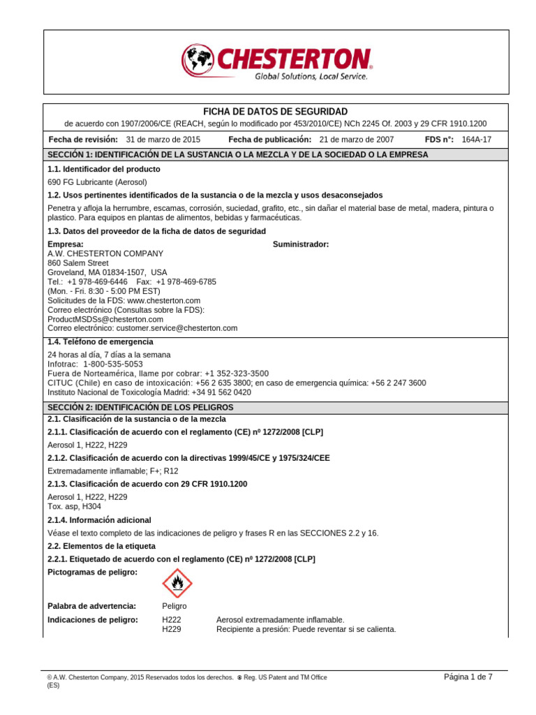 Chesterton 690 FG - Aceite Sanitario ISO 22 MSDS | PDF