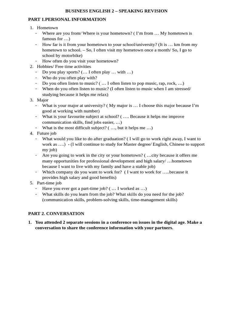 Business English 2 - Speaking Revision | PDF