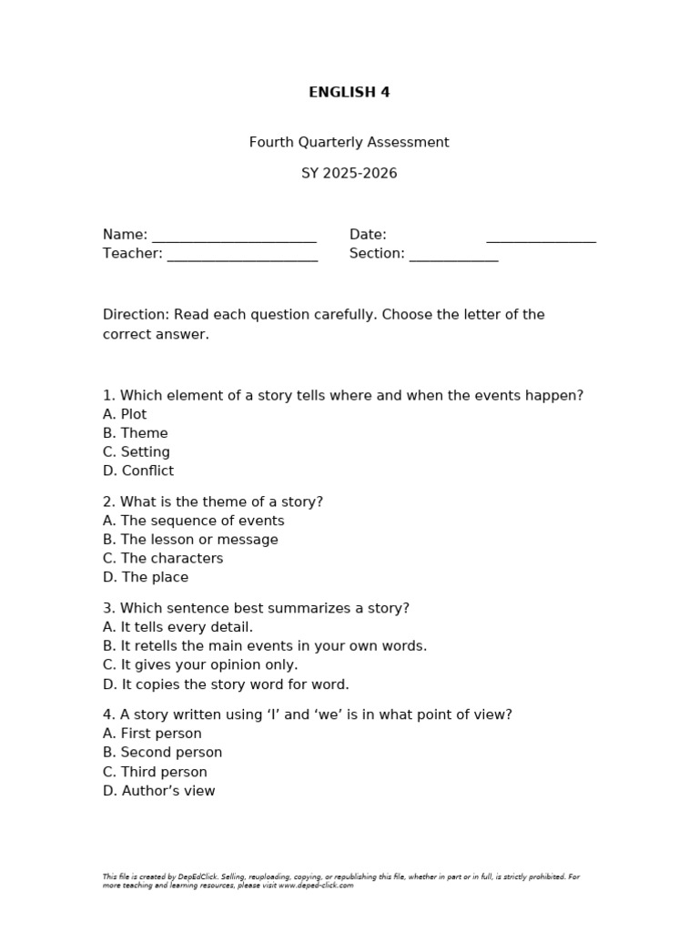 ENGLISH 4 Fourth Quarterly Assessment SY 2025-2026 DepEdClick | PDF