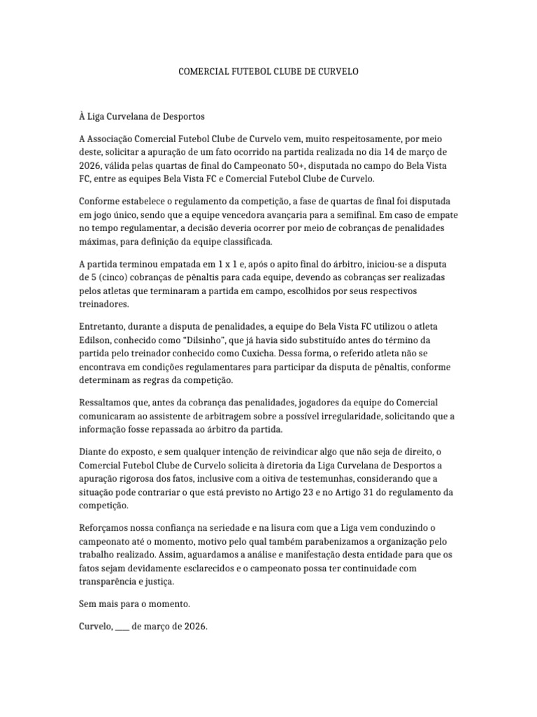 Oficio Comercial FC Curvelo | PDF