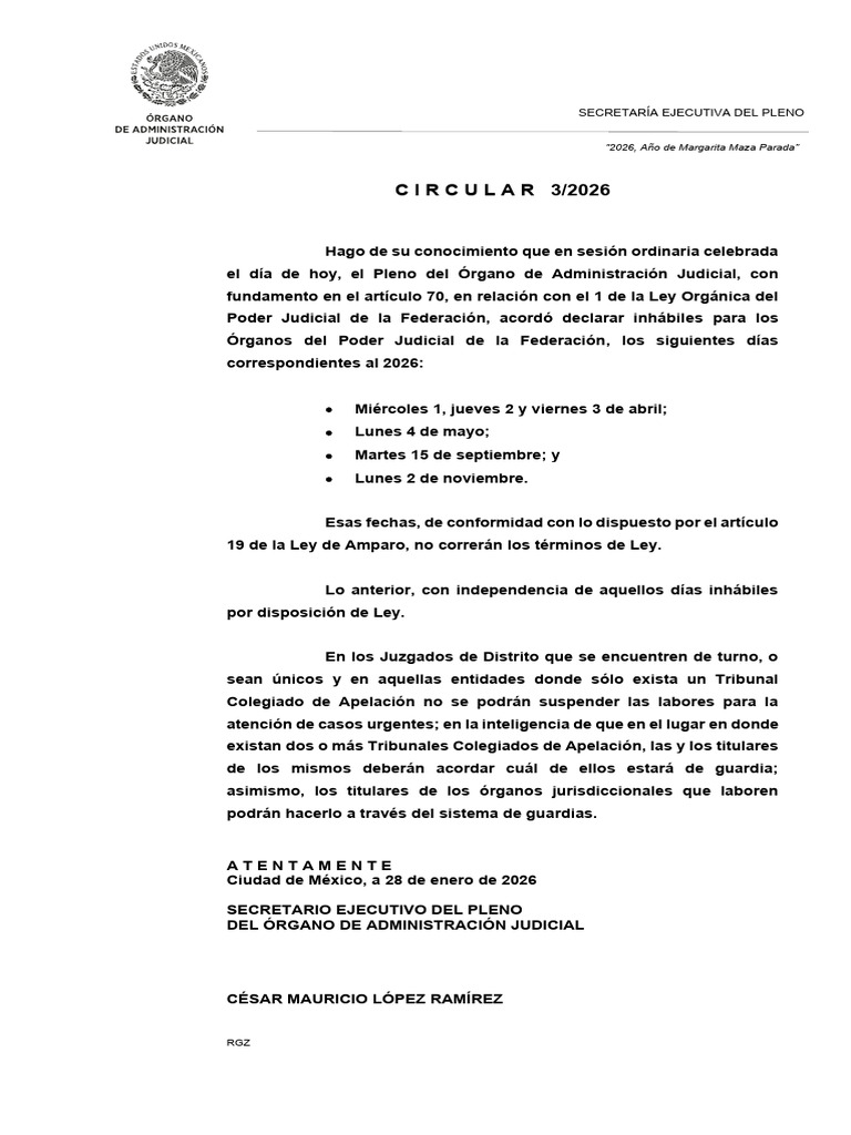 CIRCULAR 3-2026 Días Inhabiles Extras | PDF