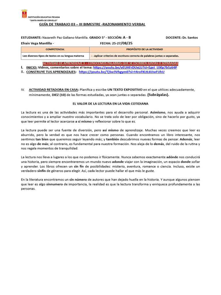 Aaprend 3 Iiibim 5ab RV - Conocemos Palabras Que Se Escriben Juntas o ...