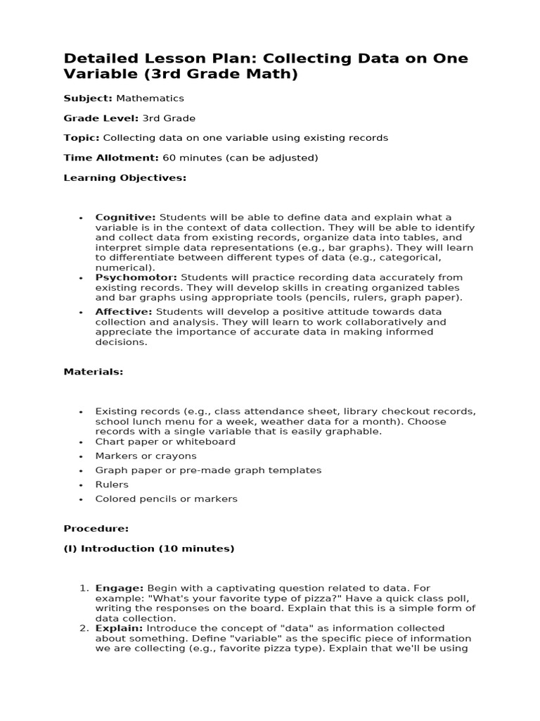 Detailed Lesson Plan On Math 3 - Collecting Data | PDF