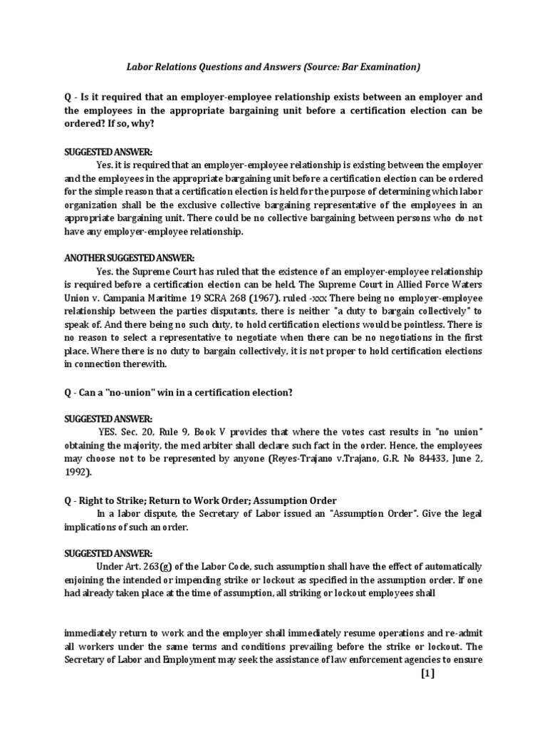 Labor Relations Sample Questions | PDF | Strike Action | Collective ...
