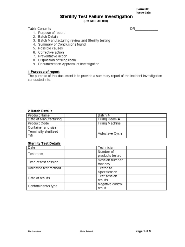 Sterility Test Failure Investigation Form | PDF | Sterilization ...