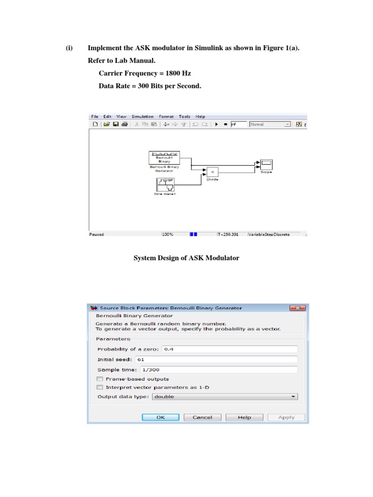 (I) Implement The ASK Modulator in Simulink As Shown in Figure 1 (A ...