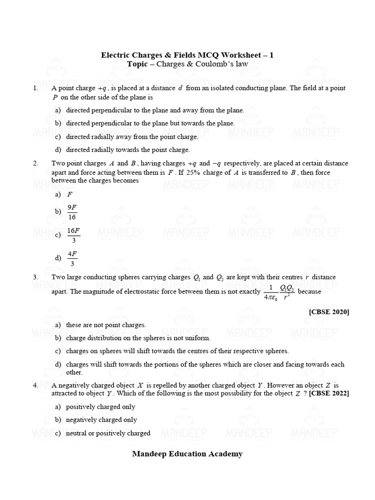 Electric Charges Fields WS 1 Electric Charges Coulombs Law | PDF