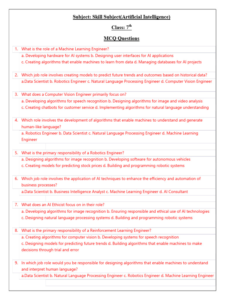 Artificial Intelligence Class 7 MCQ | PDF | Artificial Intelligence ...